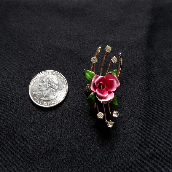 Jewelry | Vintage Gold Tone Pink Rose With Clear Rhinestones Pin | Poshmark